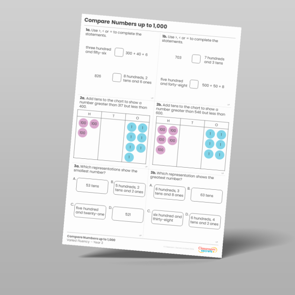 Year 3 Compare Numbers Up To 1 000 Varied Fluency Resource | Classroom ...