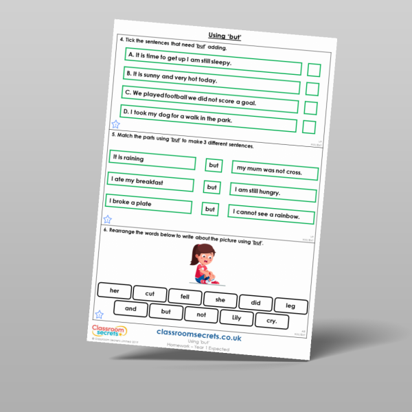 Year 1 Using But Homework Resource Classroom Secrets