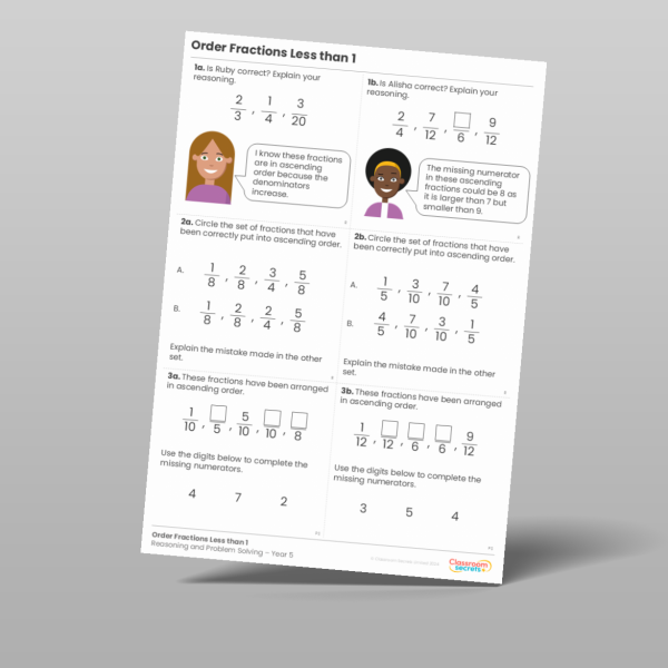 Order Fractions Less than 1 Reasoning and Problem Solving Resource ...
