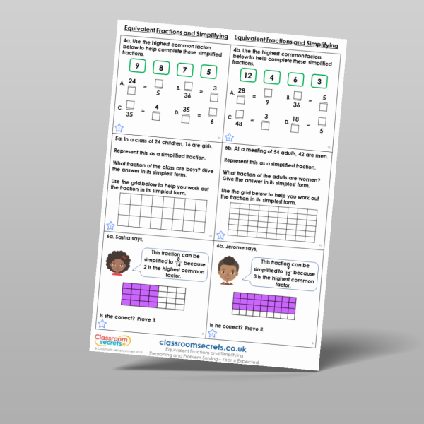 Year 6 Equivalent Fractions And Simplifying Reasoning And Problem Solving Resource Classroom