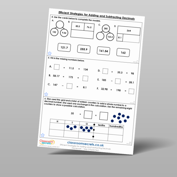 Year 5 Efficient Strategies For Adding And Subtracting Decimals Homework Resource | Classroom ...