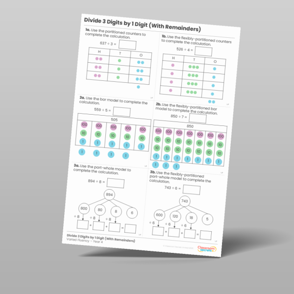 Year 4 Divide 3 Digits By 1 Digit With Remainders Varied Fluency ...