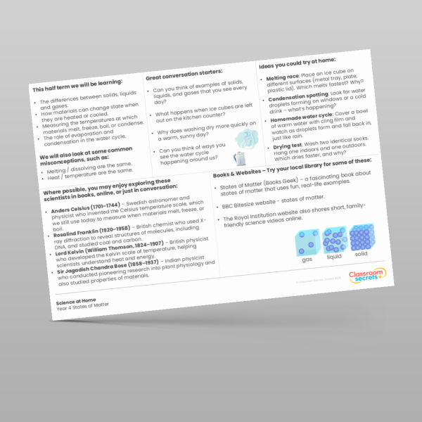 Year 4 States Of Matter Science At Home Resource | Classroom Secrets