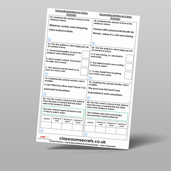 Year 4 Expanding Sentences Using Adverbs Varied Fluency Resource ...