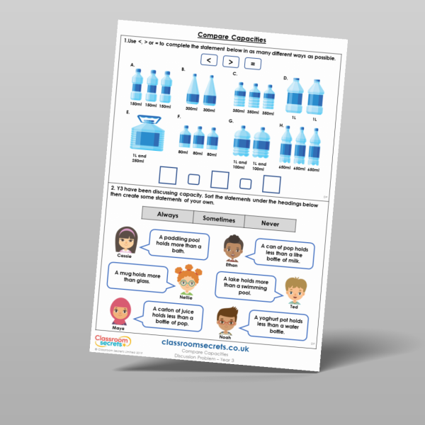 Year 3 Compare Capacities Discussion Problem Resource | Classroom Secrets