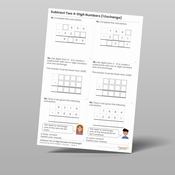Year 4 Subtract Two 4 Digit Numbers 1 Exchange Reasoning And Problem ...