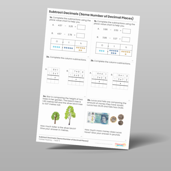 Year 5 Subtract Decimals Same Number Of Decimal Places Varied Fluency Resource | Classroom Secrets
