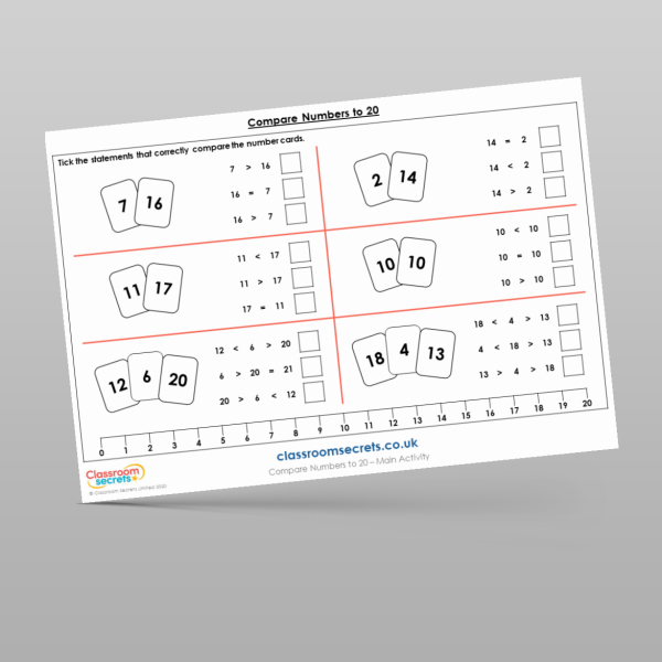 Year 1 Compare Numbers To 20 Main Activity Resource | Classroom Secrets
