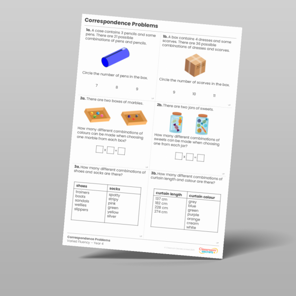 Year 4 Correspondence Problems Varied Fluency 2 Resource | Classroom Secrets