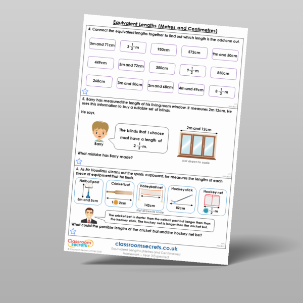 Year 3 Equivalent Lengths Metres And Centimetres Homework Resource ...