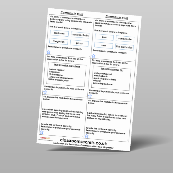 Year 6 Commas In A List Application And Reasoning Resource | Classroom ...
