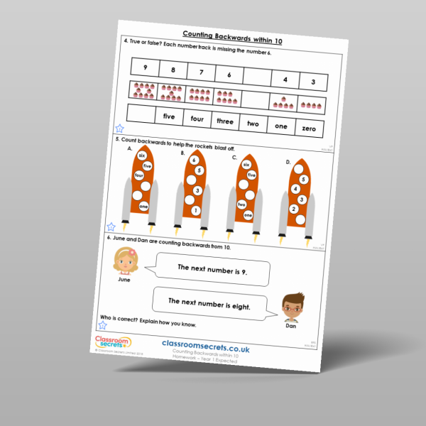 Year 1 Counting Backwards Within 10 Homework 2 Resource | Classroom Secrets