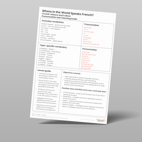 Year 4 Where In The World Speaks French Pronunciation Guide Resource ...