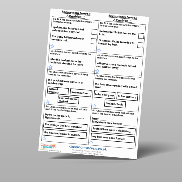 Year 4 Recognising Fronted Adverbials 1 Varied Fluency Resource Classroom Secrets