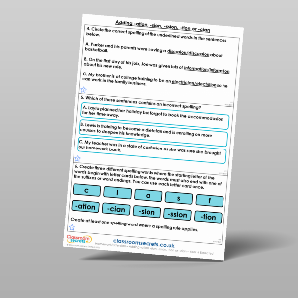 Year 4 Adding Ation Sion Ssion Tion Or Cian Homework 2 Resource ...