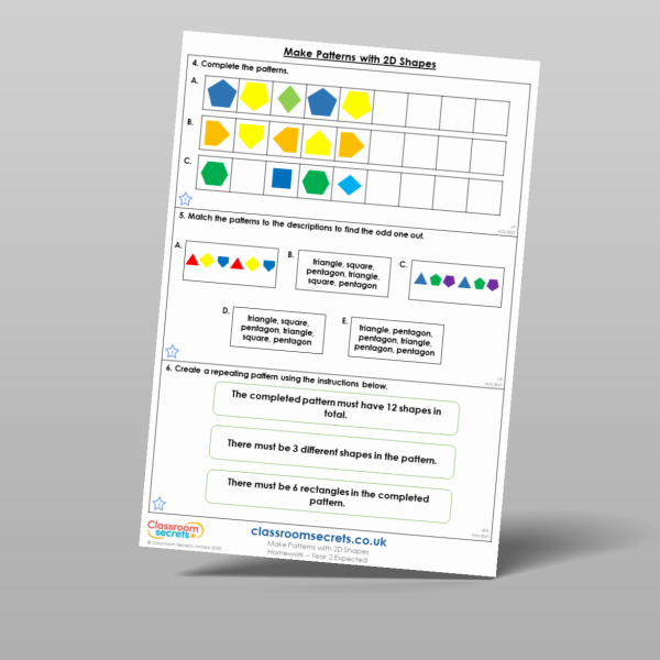 Year 2 Make Patterns With 2d Shapes Homework Resource | Classroom Secrets