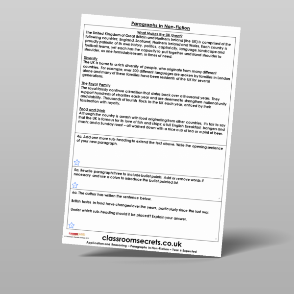 Year 6 Paragraphs In Non Fiction Application And Reasoning Resource ...