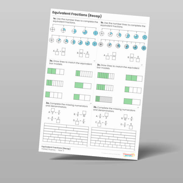 Year 3 Equivalent Fractions Recap Varied Fluency Resource | Classroom ...