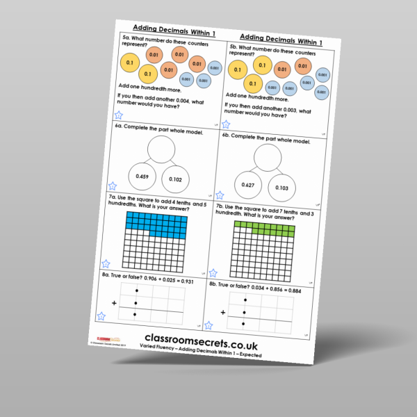 Year 5 Adding Decimals Within 1 Varied Fluency Resource | Classroom Secrets