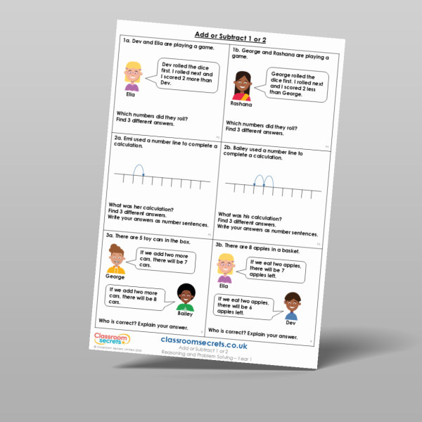 Year 1 Add Or Subtract 1 Or 2 Reasoning And Problem Solving Resource ...