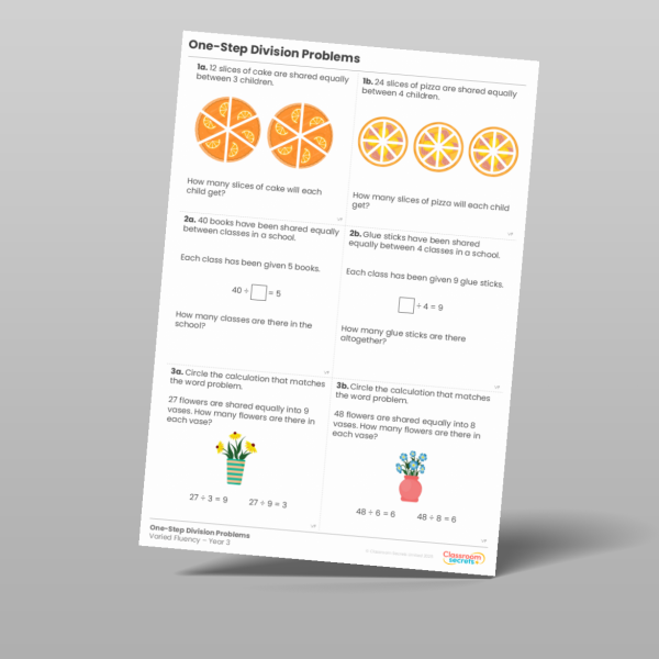 Year 3 One Step Division Problems Varied Fluency Resource | Classroom ...