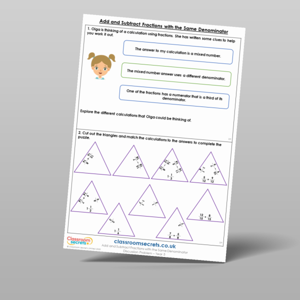 Year 5 Add And Subtract Fractions With The Same Denominator Discussion Problem Resource
