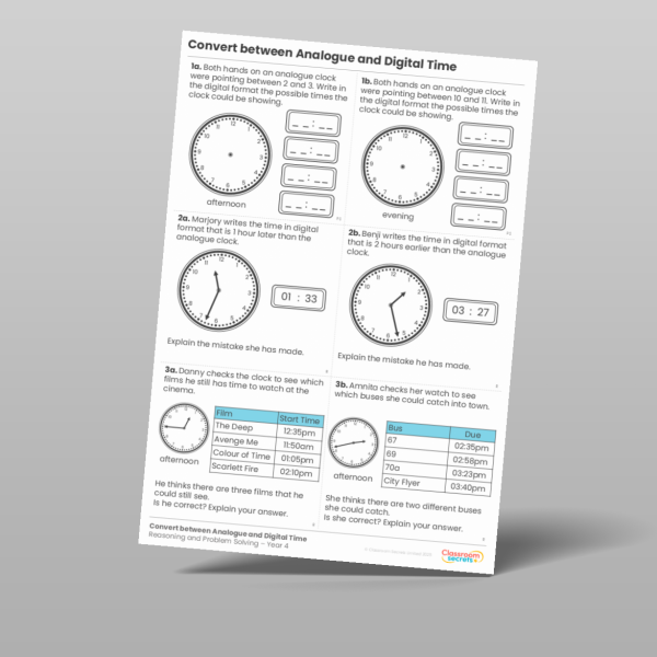 Year 4 Convert Between Analogue And Digital Time Reasoning And Problem ...