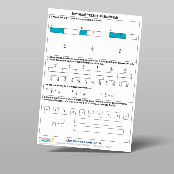 Year 3 Equivalent Fractions As Bar Models Homework Resource | Classroom ...