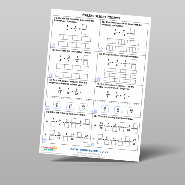 Year 4 Add Two Or More Fractions Varied Fluency Resource | Classroom ...