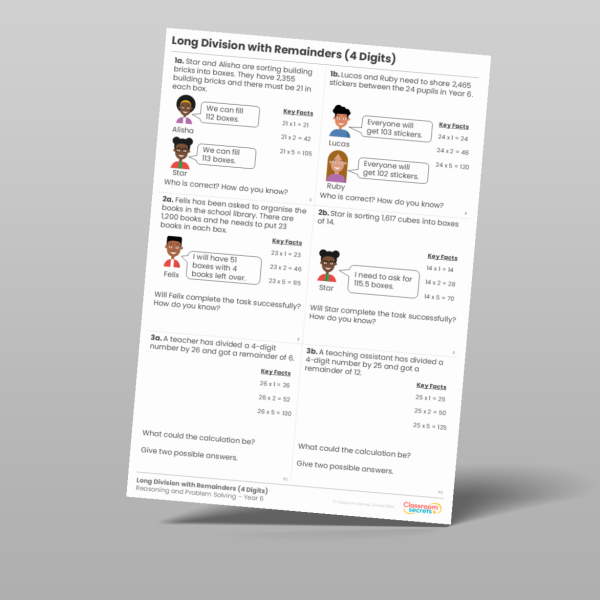 Year 6 Long Division With Remainders 4 Digits Reasoning And Problem ...