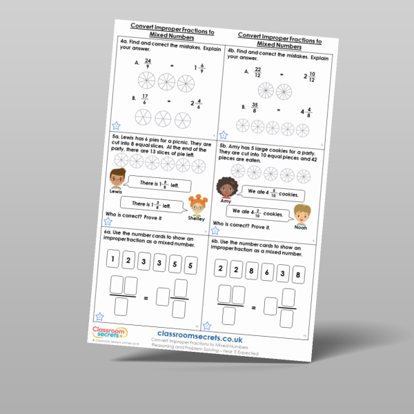 Year 5 Convert Improper Fractions To Mixed Numbers Reasoning And Problem Solving Resource ...