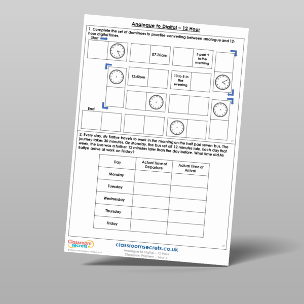 Year 4 Analogue To Digital 12 Hour Discussion Problem Resource ...
