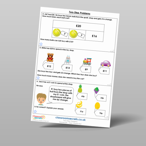 Year 2 Two Step Problems Homework Resource | Classroom Secrets