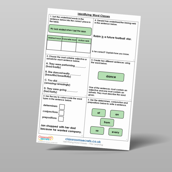 Year 6 Identifying Word Classes In Sentences Prior Learning Resource ...
