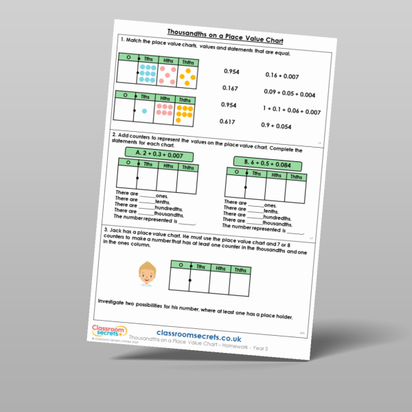 Year 5 Thousandths On A Place Value Chart Homework Resource | Classroom ...