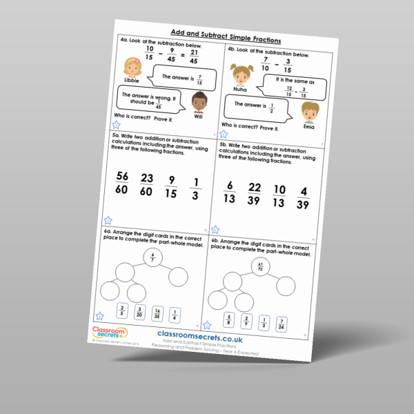 Year 6 Add And Subtract Simple Fractions Reasoning And Problem Solving Resource | Classroom Secrets