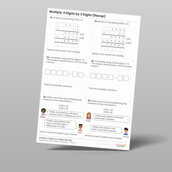 Year 5 Multiply 4 Digits By 2 Digits Recap Reasoning And Problem Solving Resource | Classroom ...