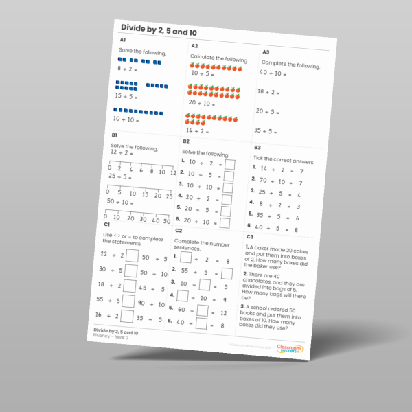 Year 2 Divide By 2 5 And 10 Fluency Matrix Resource | Classroom Secrets