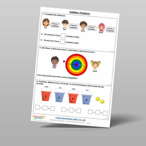 Year 1 Addition Problems Homework Resource | Classroom Secrets