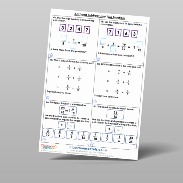 Year 6 Add And Subtract Any Two Fractions Reasoning And Problem Solving Resource Classroom Secrets