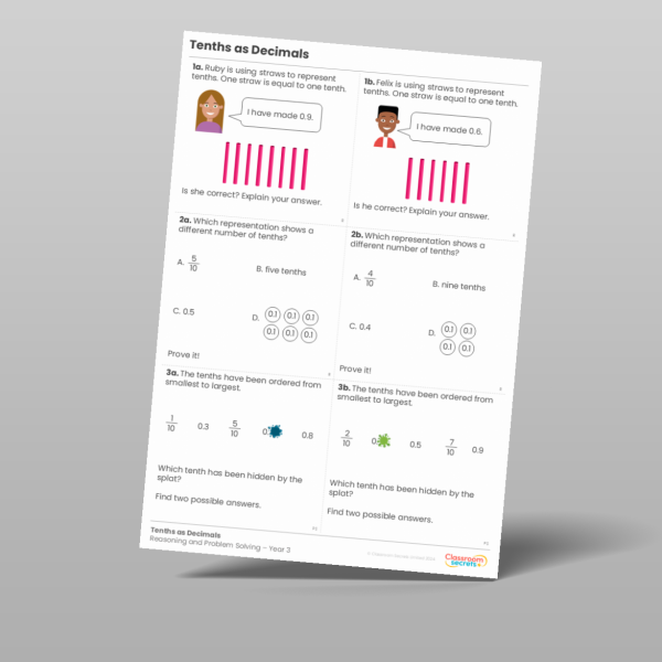 Year 3 Tenths As Decimals Reasoning And Problem Solving 2 Resource | Classroom Secrets