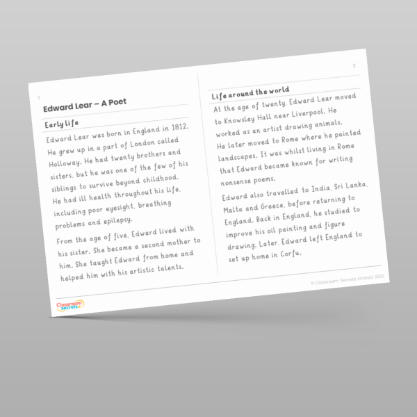 Year 2 Reading Skills Edward Lear A Poet Resource | Classroom Secrets