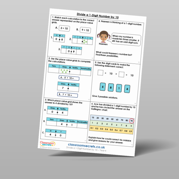 Year 4 Divide A 1 Digit Number By 10 Mixed Activity Resource ...