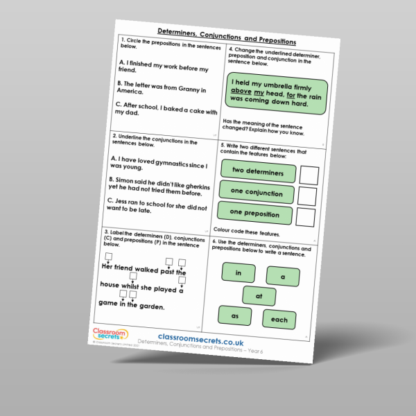 Year 6 Identifying Determiners Conjunctions And Prepositions In ...