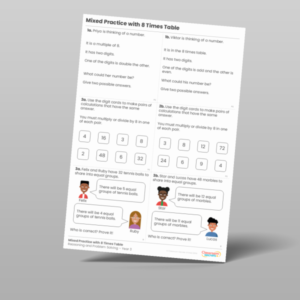 Year 3 Mixed Practice With 8 Times Table Reasoning And Problem Solving Resource Classroom Secrets