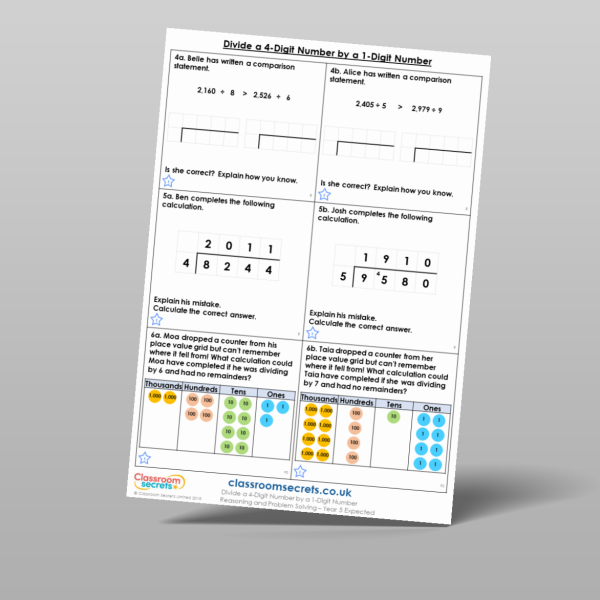 Year 5 Divide A 4 Digit Number By A 1 Digit Number Reasoning And Problem Solving Resource ...