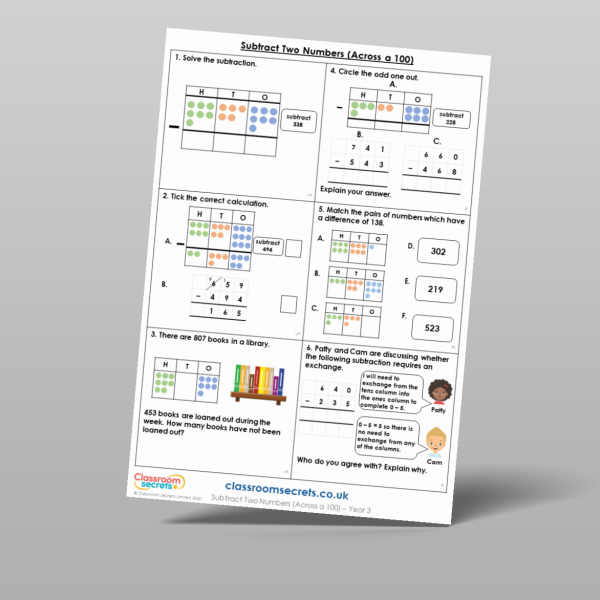 Year 3 Subtract Two Numbers Across A 100 Mixed Activity Resource ...