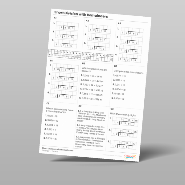 Year 6 Short Division With Remainders Fluency Matrix Resource ...