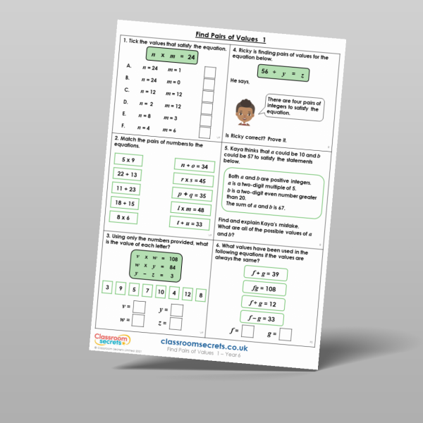 Year 6 Find Pairs Of Values 1 Mixed Activity Resource | Classroom Secrets