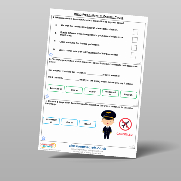 Year 3 Using Prepositions To Express Cause Homework Resource ...